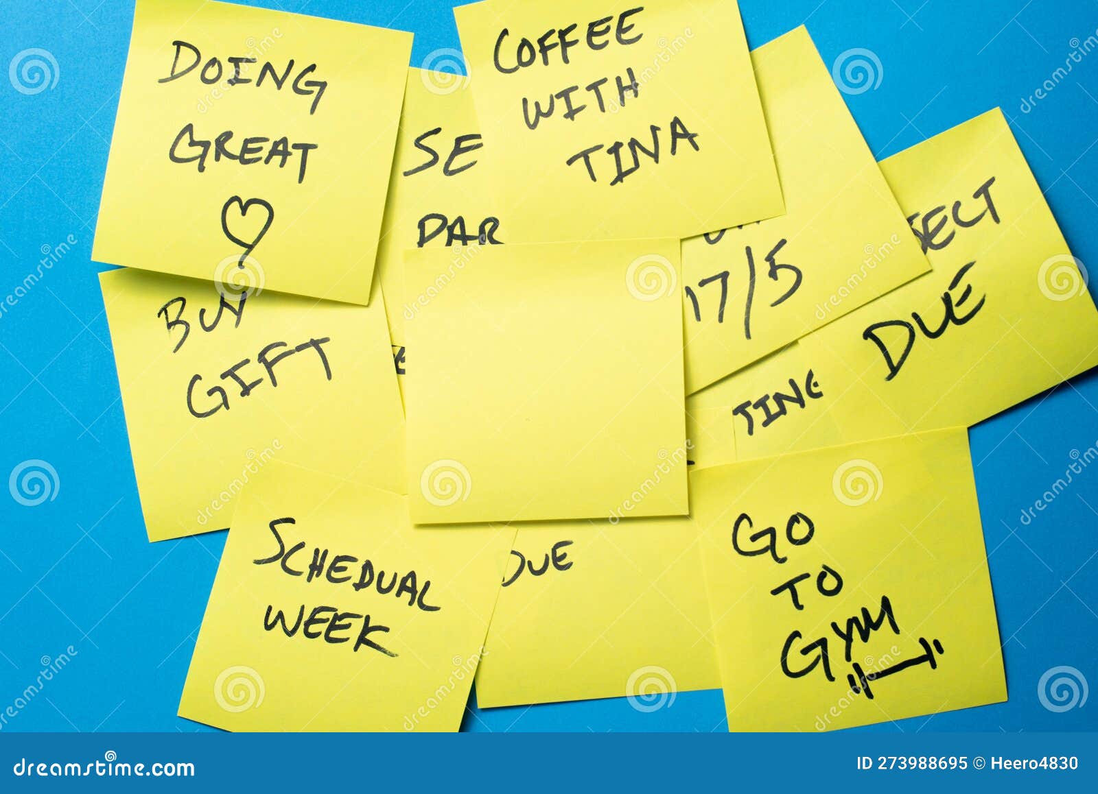 Sticky Notes on a Blue Wall with Blank Yellow Note Stock Image - Image ...