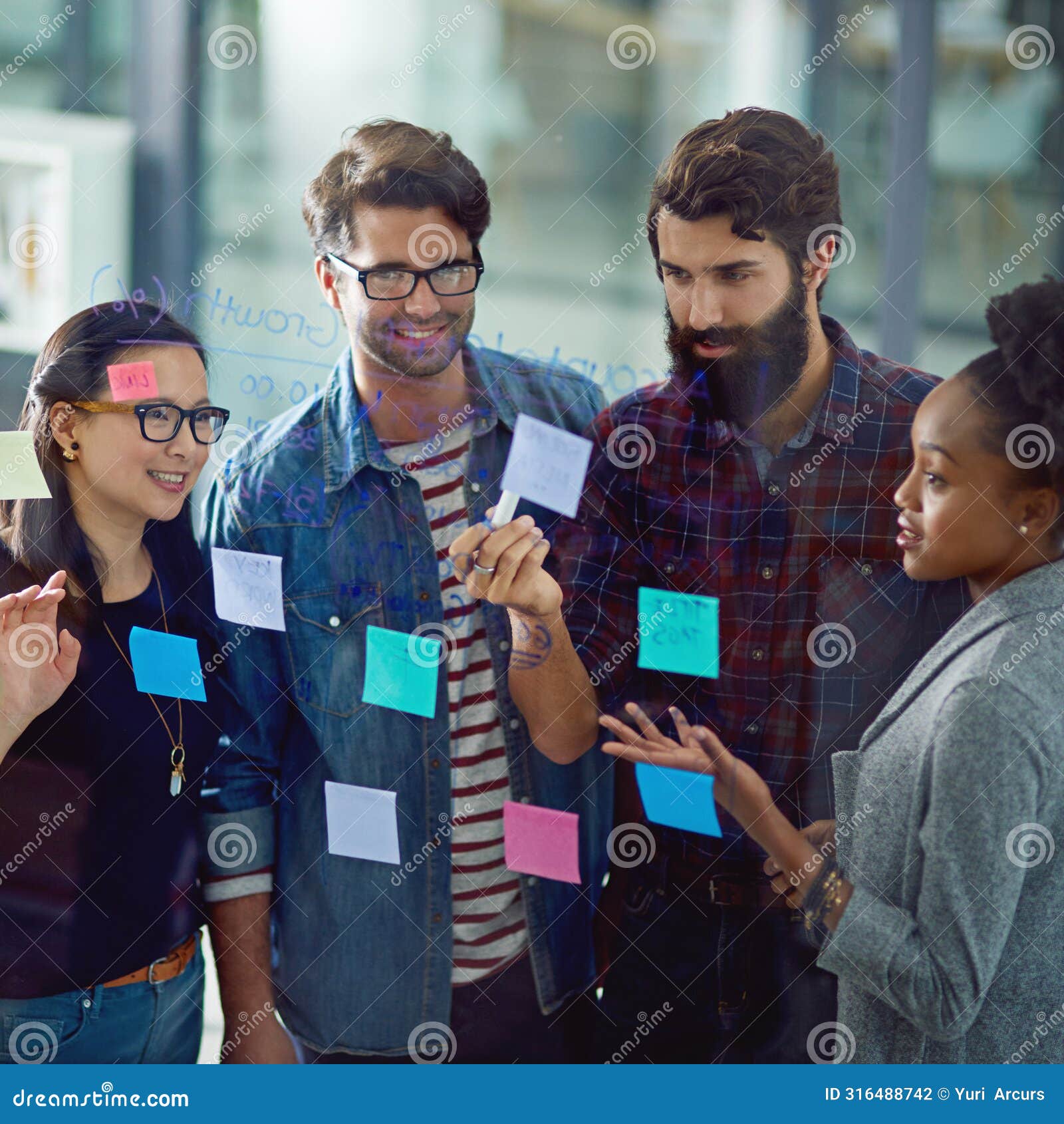 Sticky Notes, Board and Business People with Teamwork in Office for ...