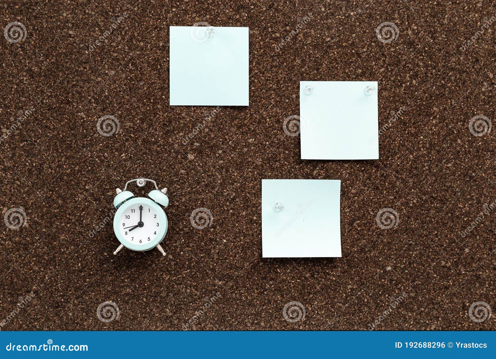 Sticky Notes Hanging and Clock on Cork Board. Back To School Concept ...