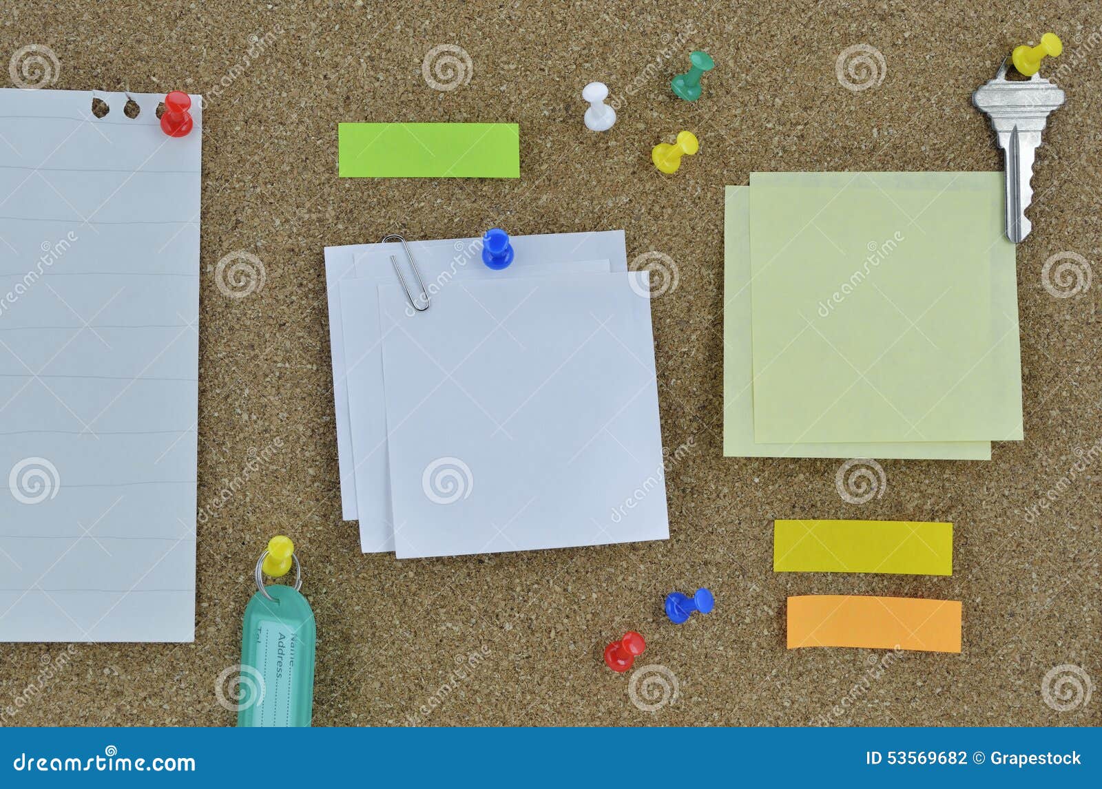 Sticky Notes, Pin, Key and Tag Name on Cork Board Stock Photo - Image ...
