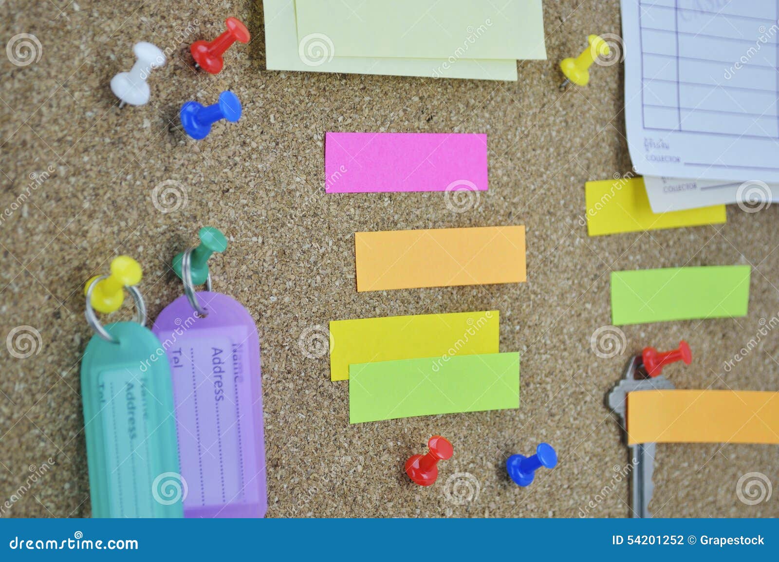 Sticky Notes, Pin, Key and Tag Name on Cork Board Stock Photo - Image ...