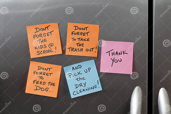 Sticky Notes on a Refrigerator Stock Photo - Image of steel, modern ...