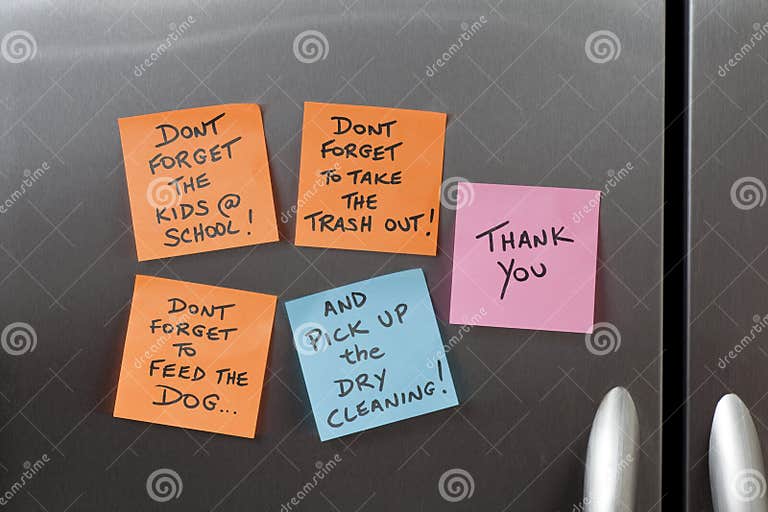 Sticky Notes on a Refrigerator Stock Photo - Image of steel, modern ...
