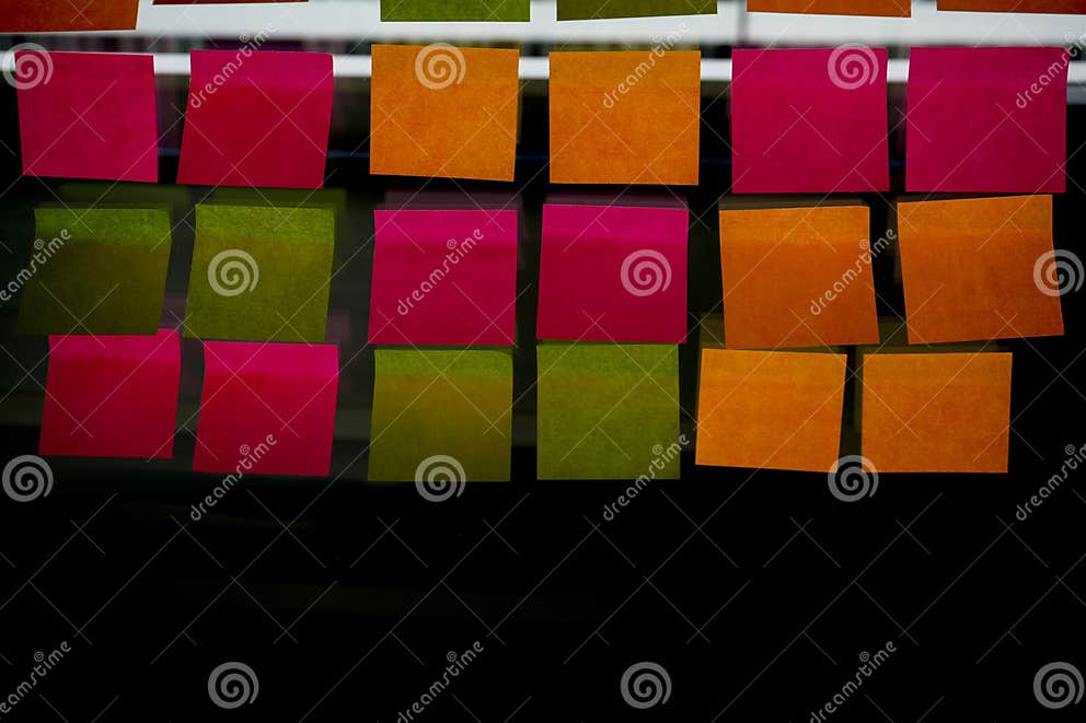 Sticky Notes on Whiteboard, Flowchart Business Tasks. Array of Multi ...