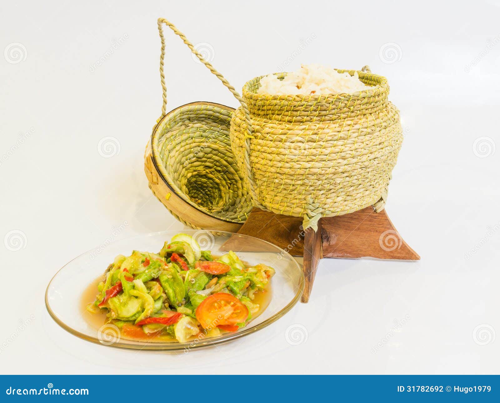 Sticky Rice Container and Somtam Stock Photo - Image of gourmet, brown ...