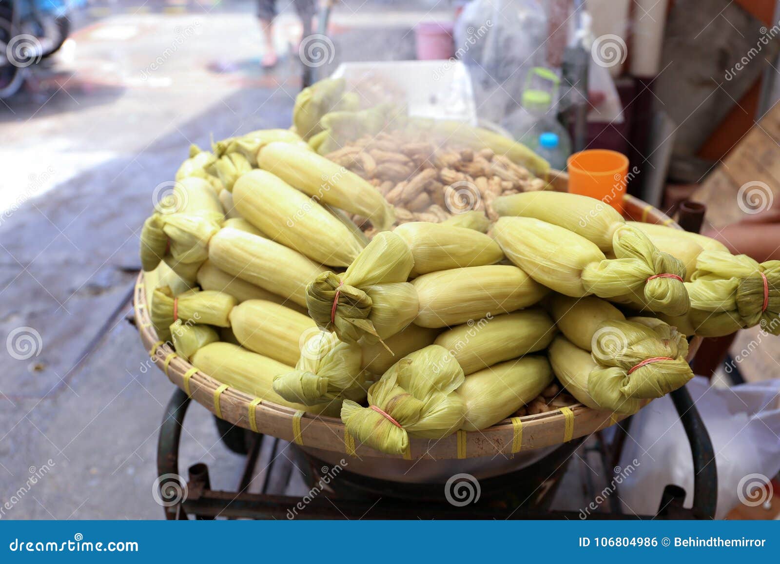 Steamed Sticky Rice Corn on Bamboo Basket for Sell at Nang Loeng Market ...