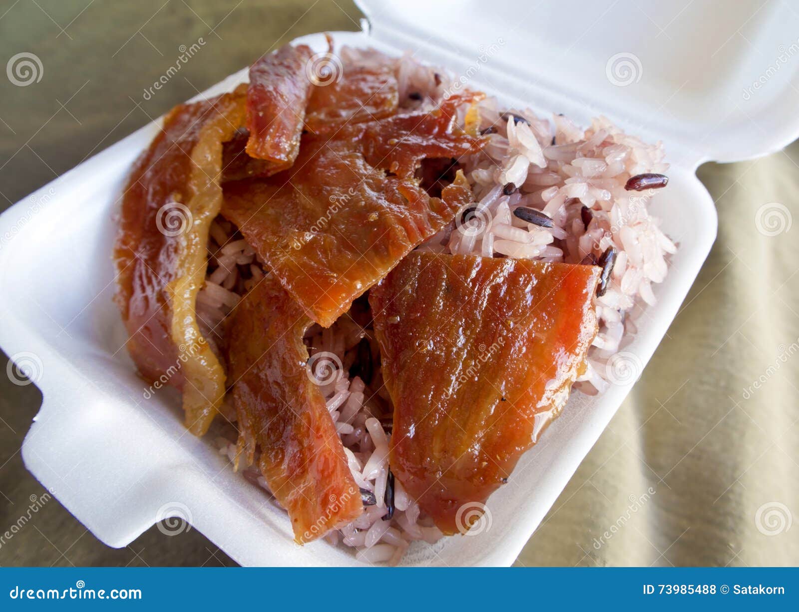 Sticky Rice and Roast Pork in Foam Box Stock Photo - Image of fast ...