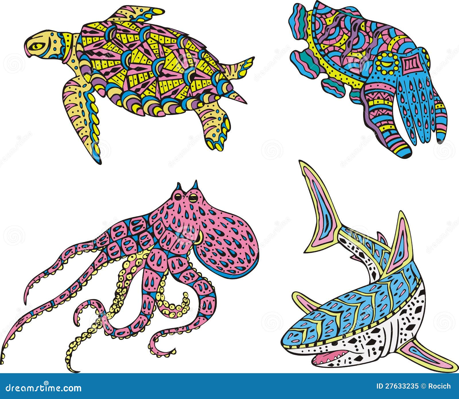 Stilisiert bunte Seetiere vektor abbildung. Illustration von meer ...