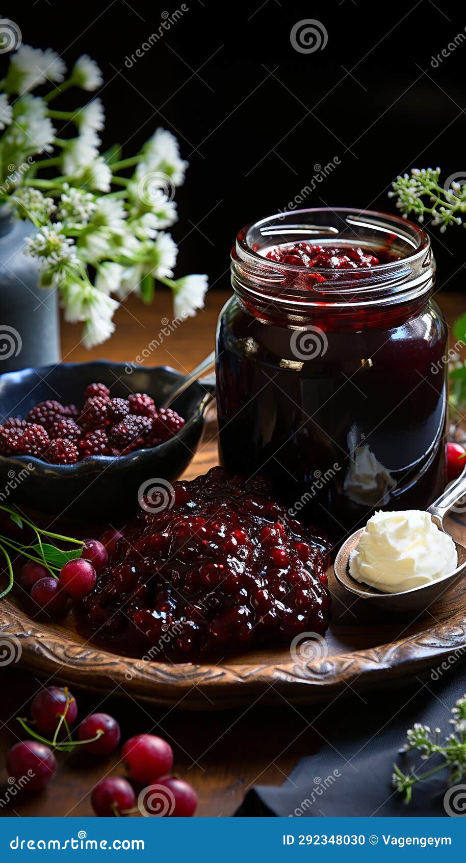 Still Life with Appetising Berry Jam in Rustic Style Stock Illustration ...
