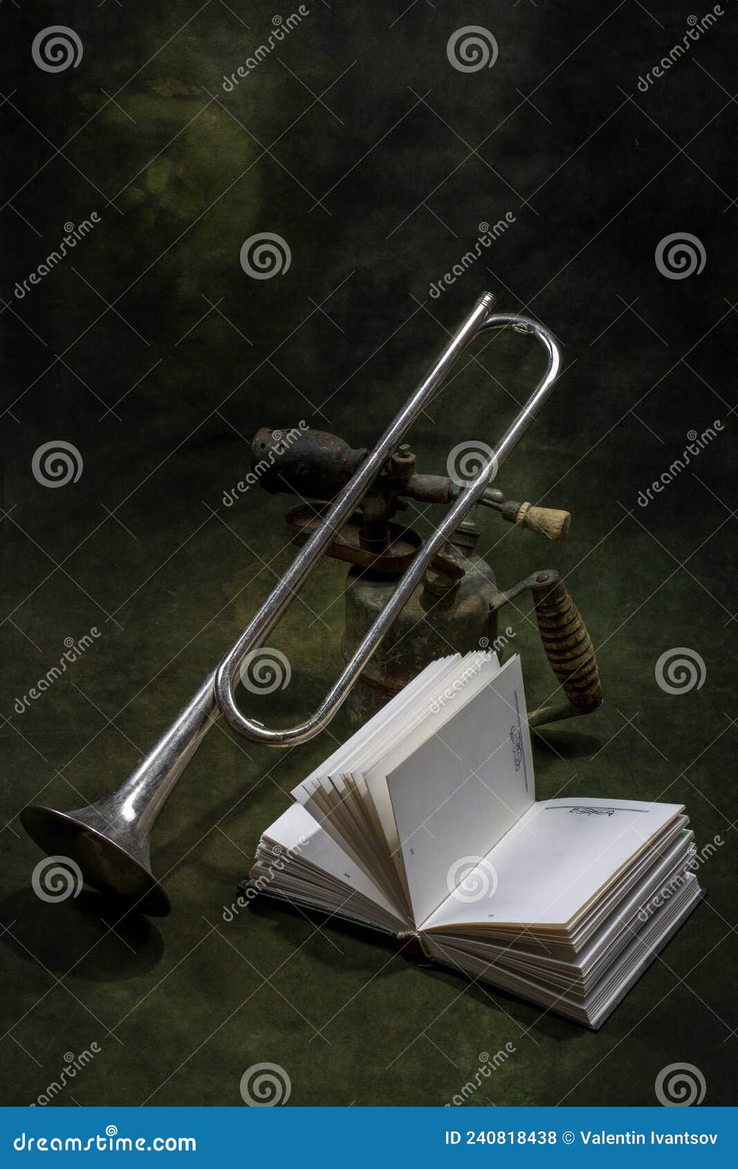 Still Life with a Blowtorch, a Trumpet and an Open Book Stock Photo ...