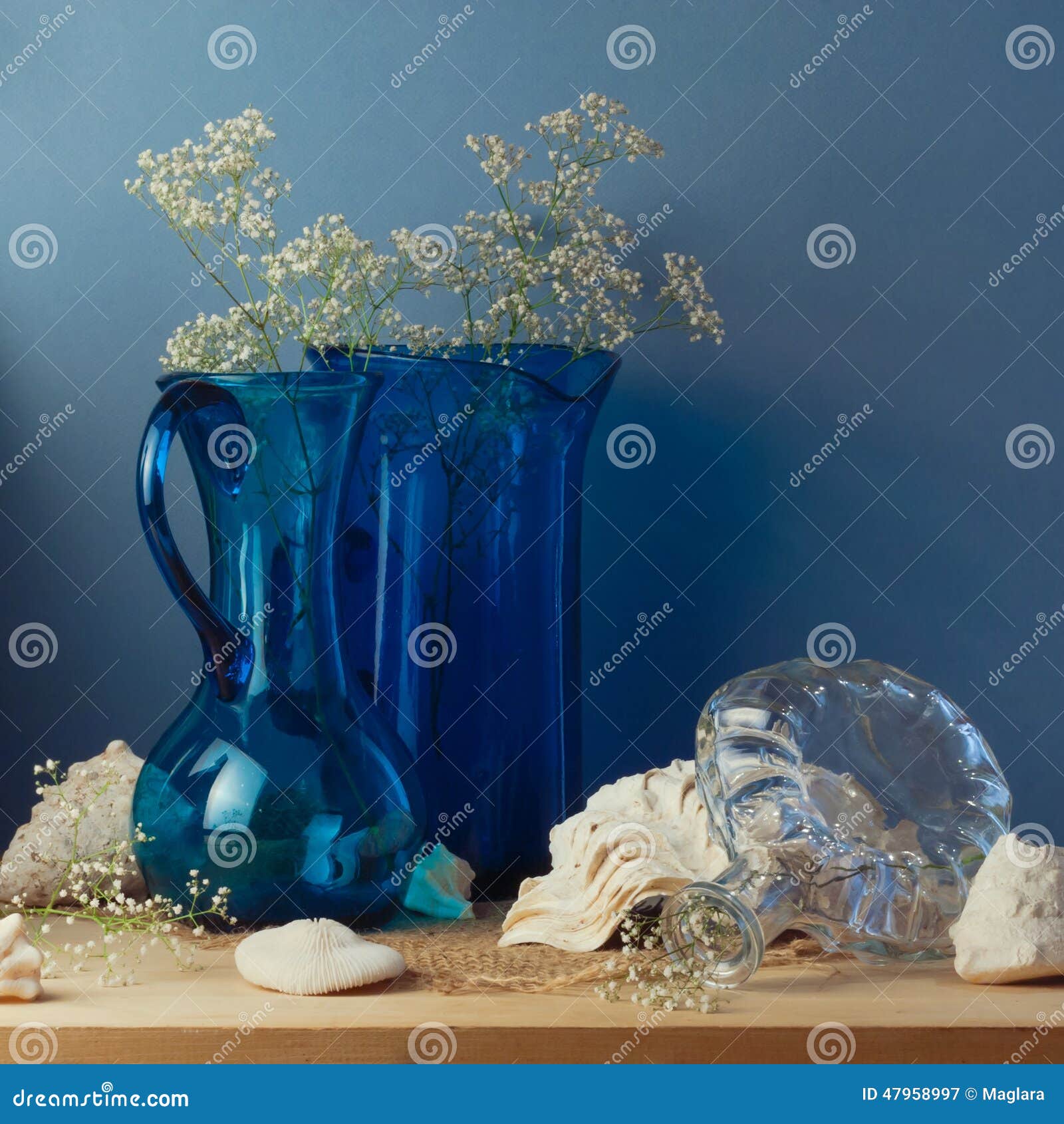 Still Life with Blue Glass Vases and Seashells Stock Image - Image of ...