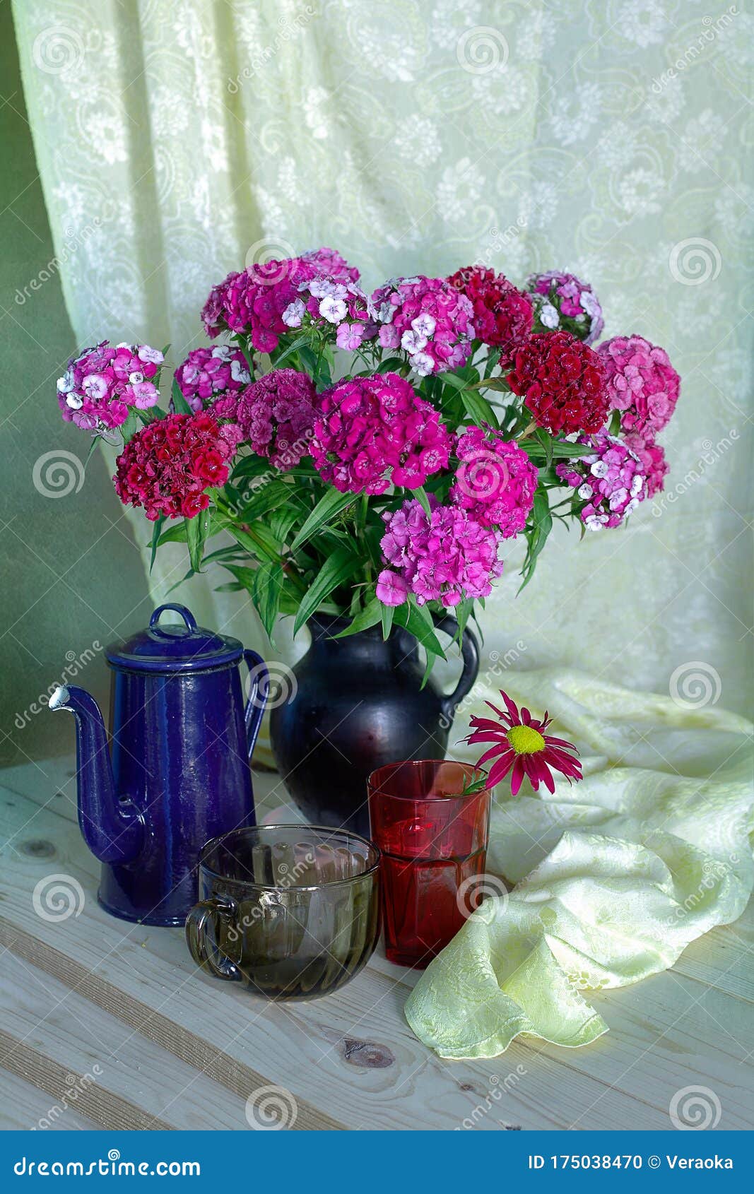 Still Life with a Bouquet of Red Carnations in a Vase on the Table ...