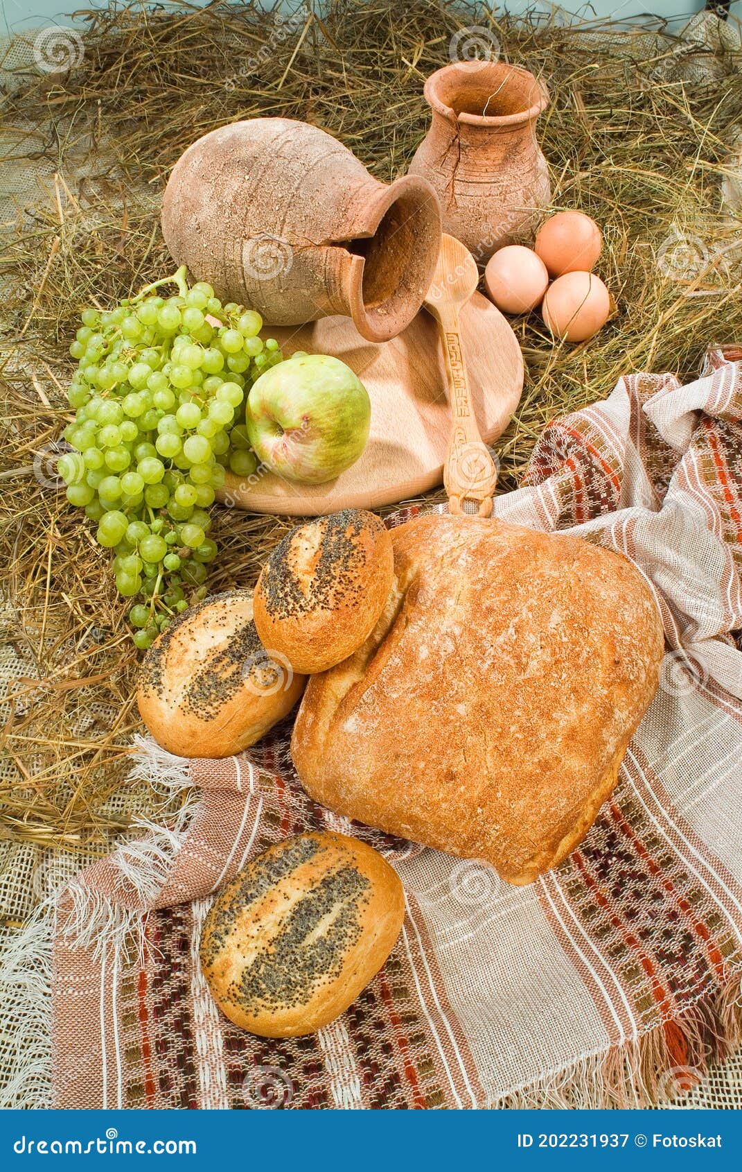Still Life with Bread stock image. Image of golden, fabric - 202231937