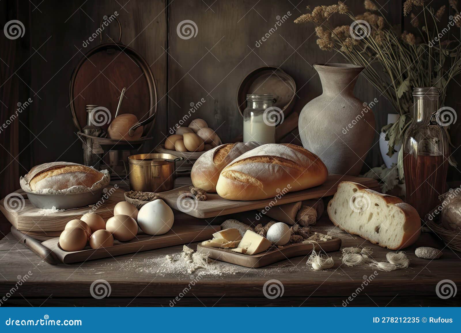 Still Life with Bread and Its Ingredients in Vintage Setting Stock ...