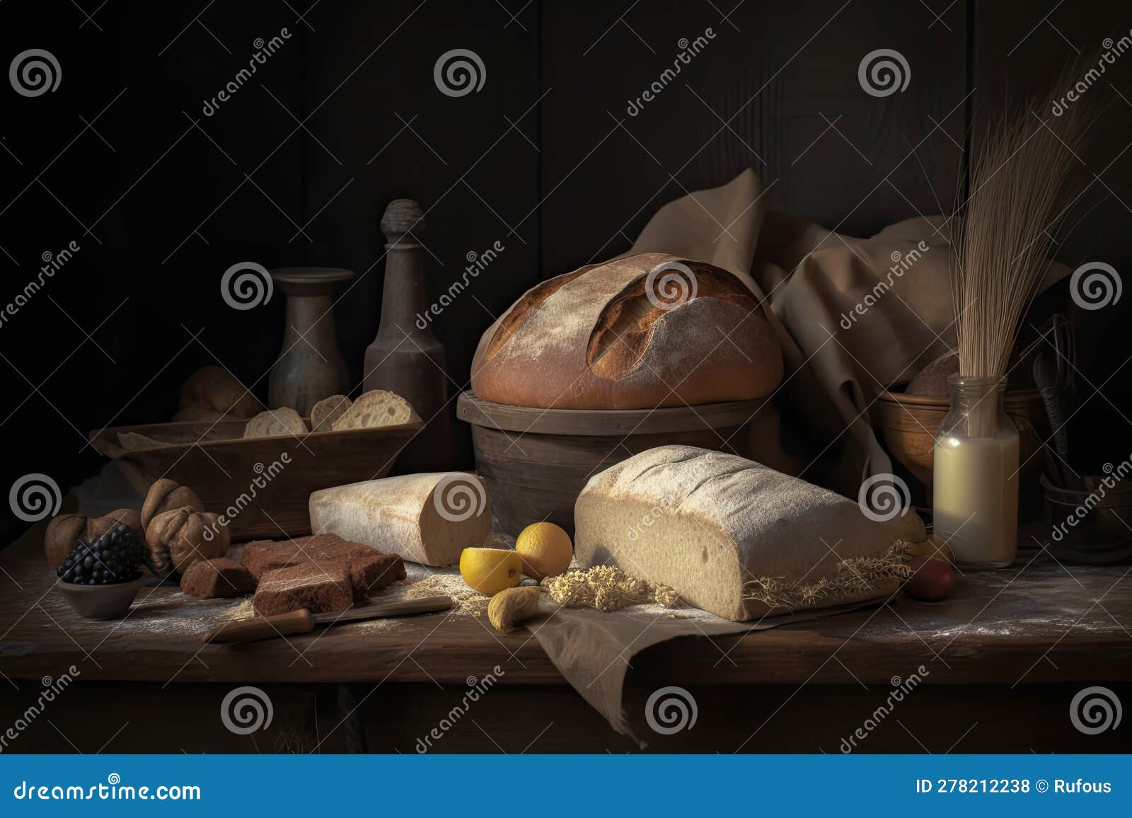 Still Life with Bread and Its Ingredients in Vintage Setting Stock ...