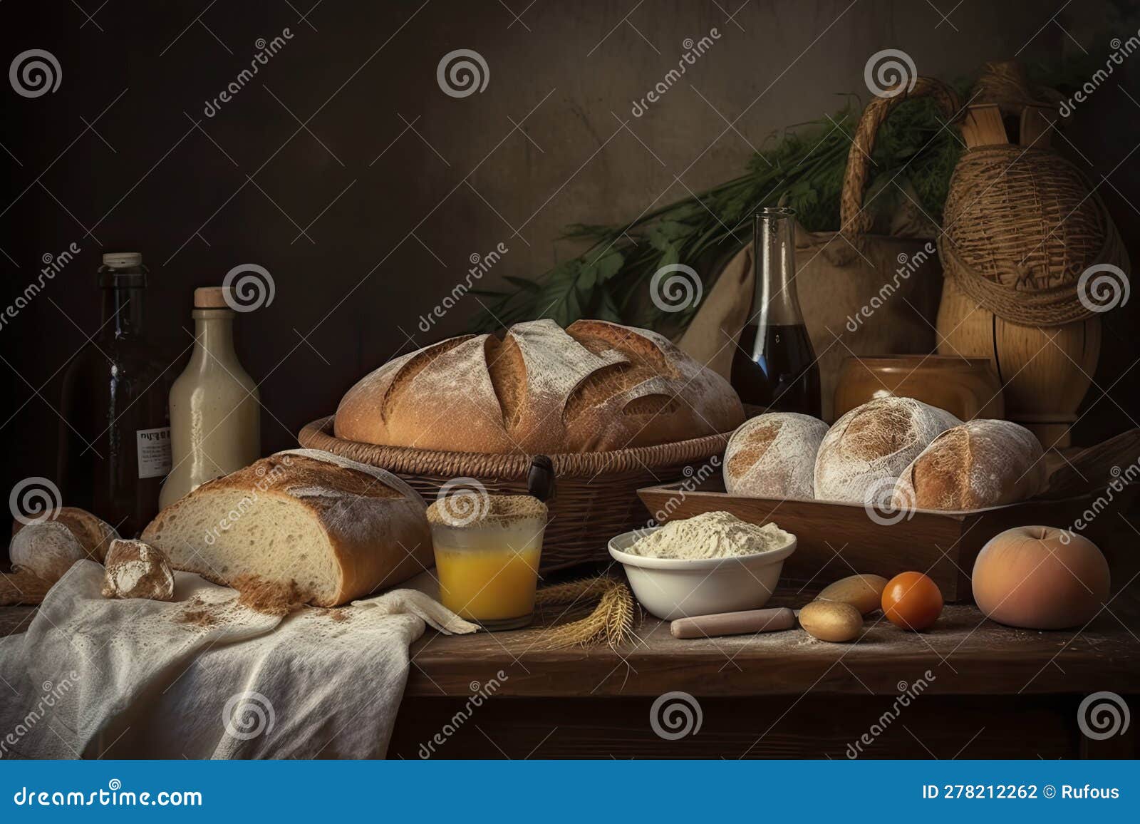 Still Life with Bread and Its Ingredients in Vintage Setting Stock ...