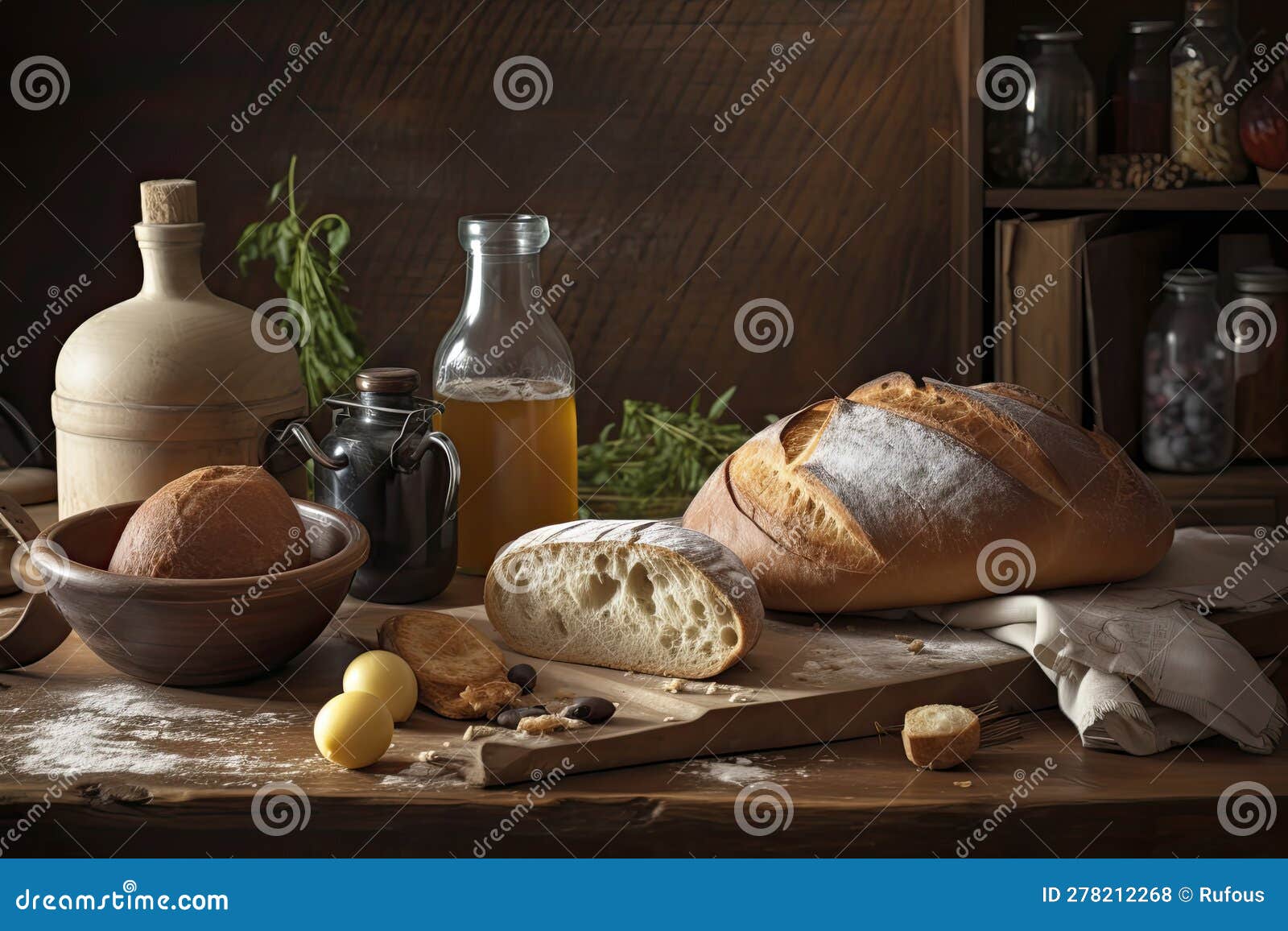 Still Life with Bread and Its Ingredients in Vintage Setting Stock ...