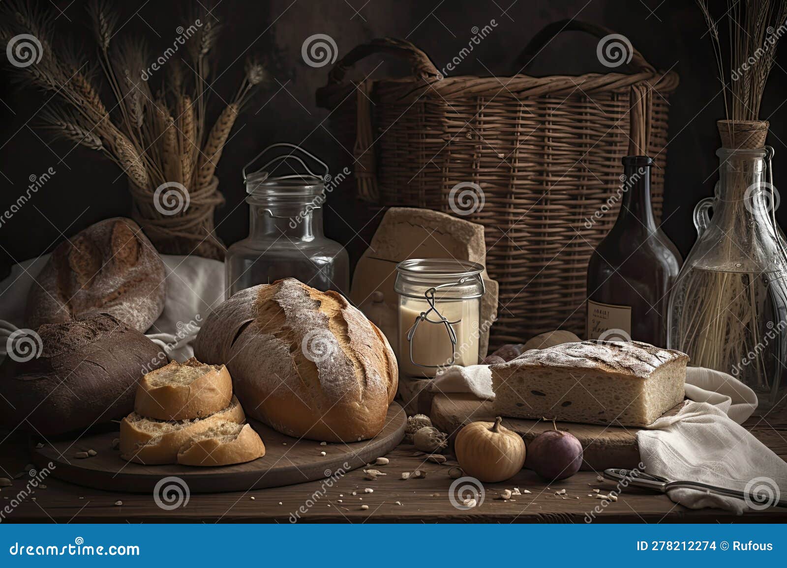 Still Life with Bread and Its Ingredients in Vintage Setting Stock ...