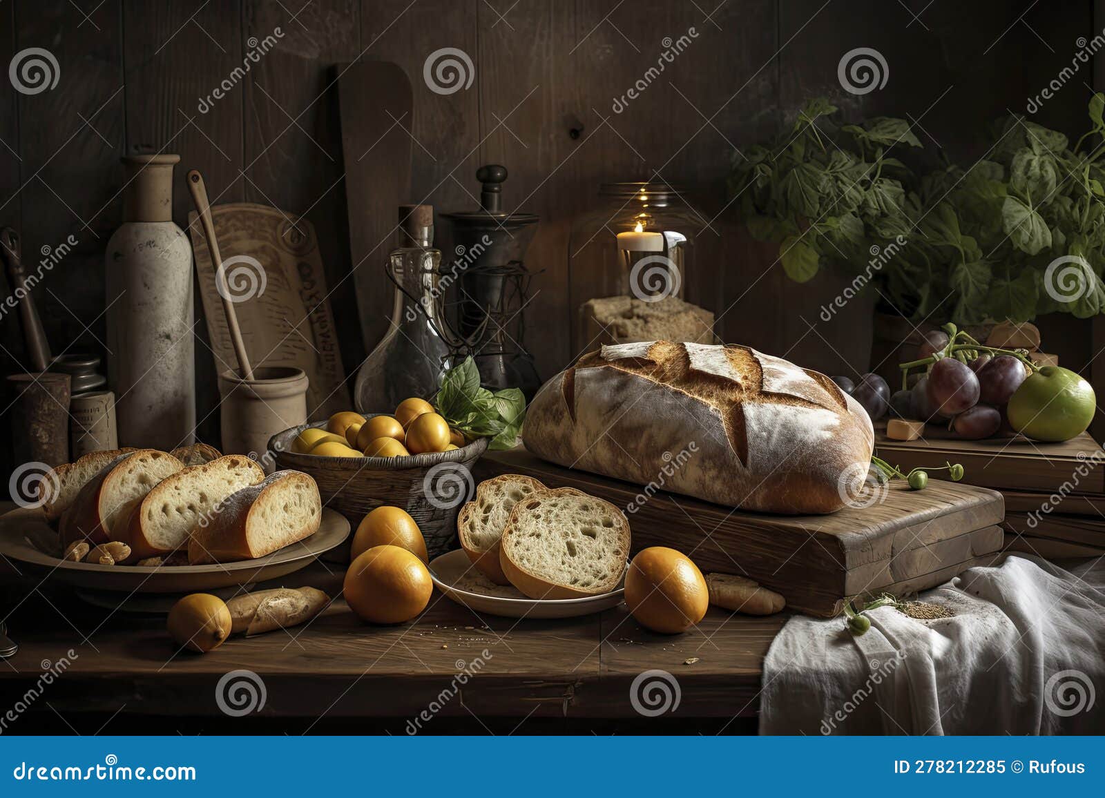 Still Life with Bread and Its Ingredients in Vintage Setting Stock ...