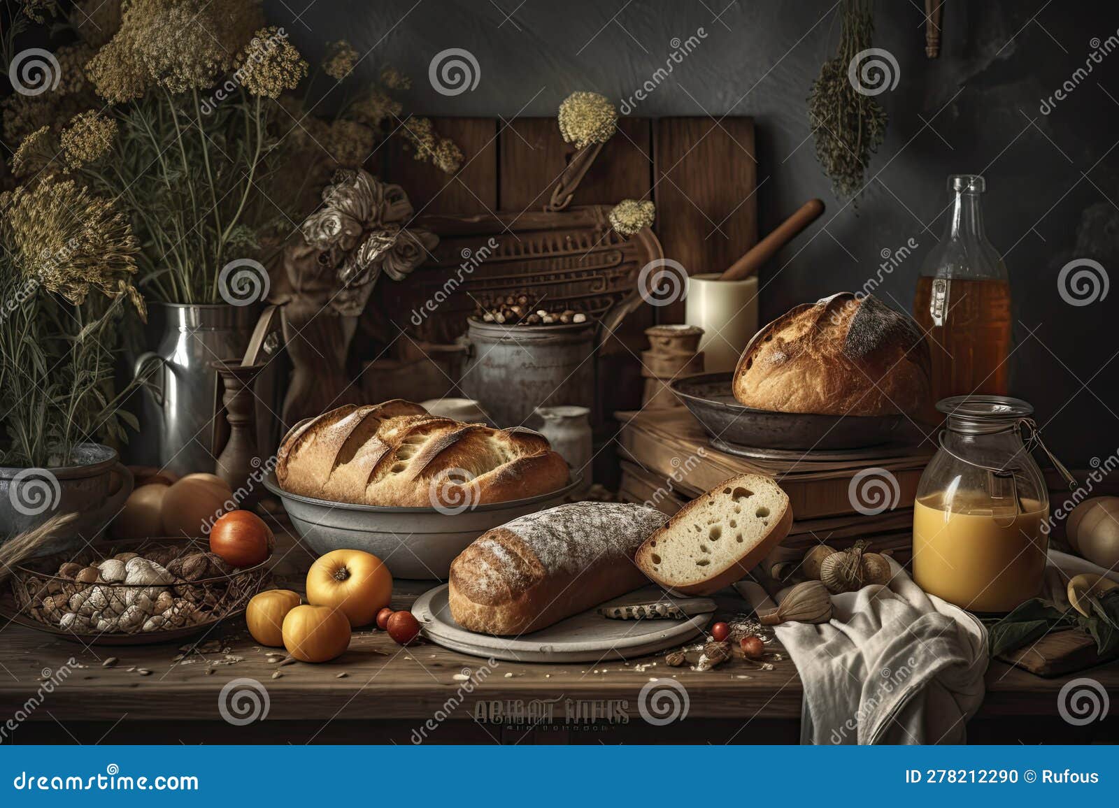 Still Life with Bread and Its Ingredients in Vintage Setting Stock ...