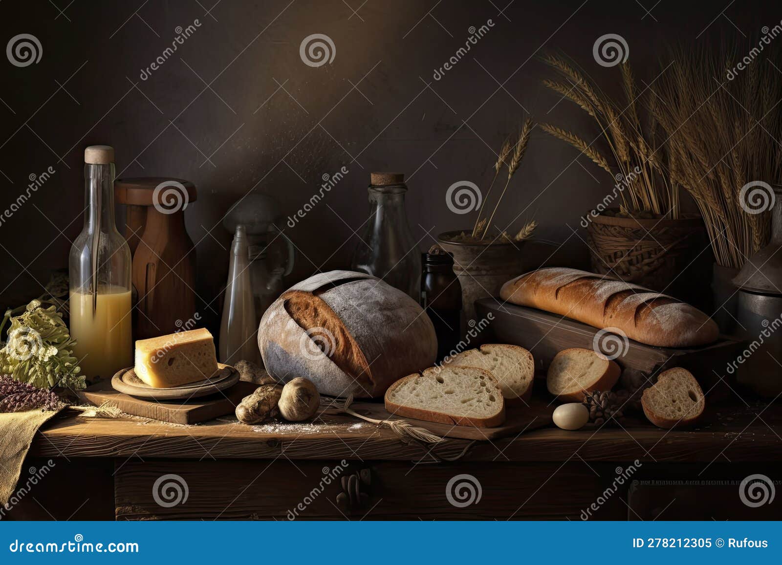 Still Life with Bread and Its Ingredients in Vintage Setting Stock ...
