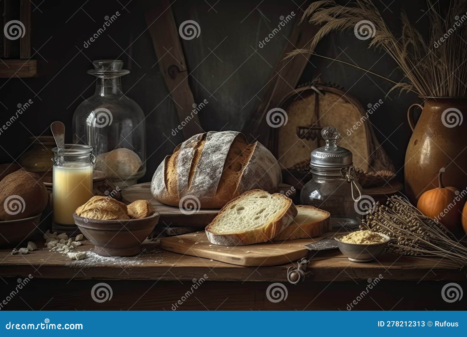 Still Life with Bread and Its Ingredients in Vintage Setting Stock ...