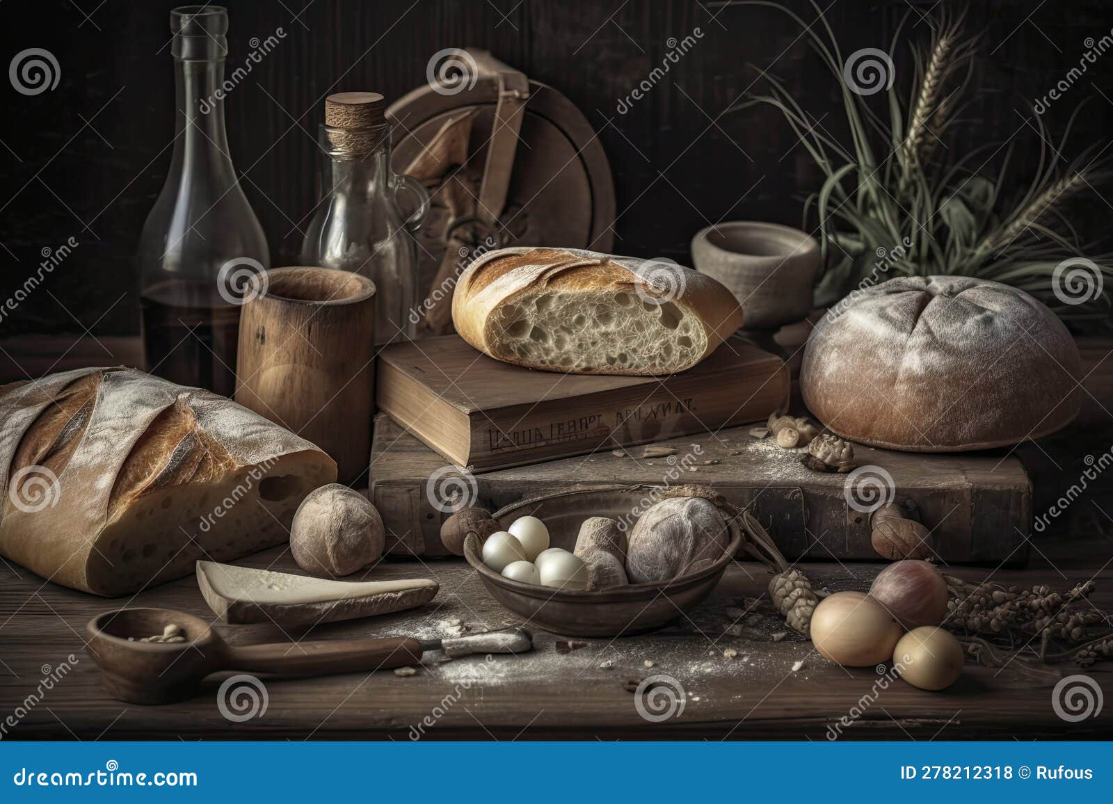 Still Life with Bread and Its Ingredients in Vintage Setting Stock ...
