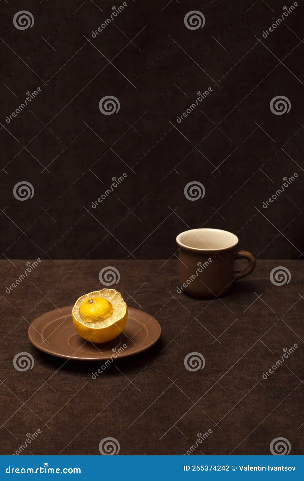 Still Life with Brown Cups and Lemon Stock Photo - Image of yellow ...