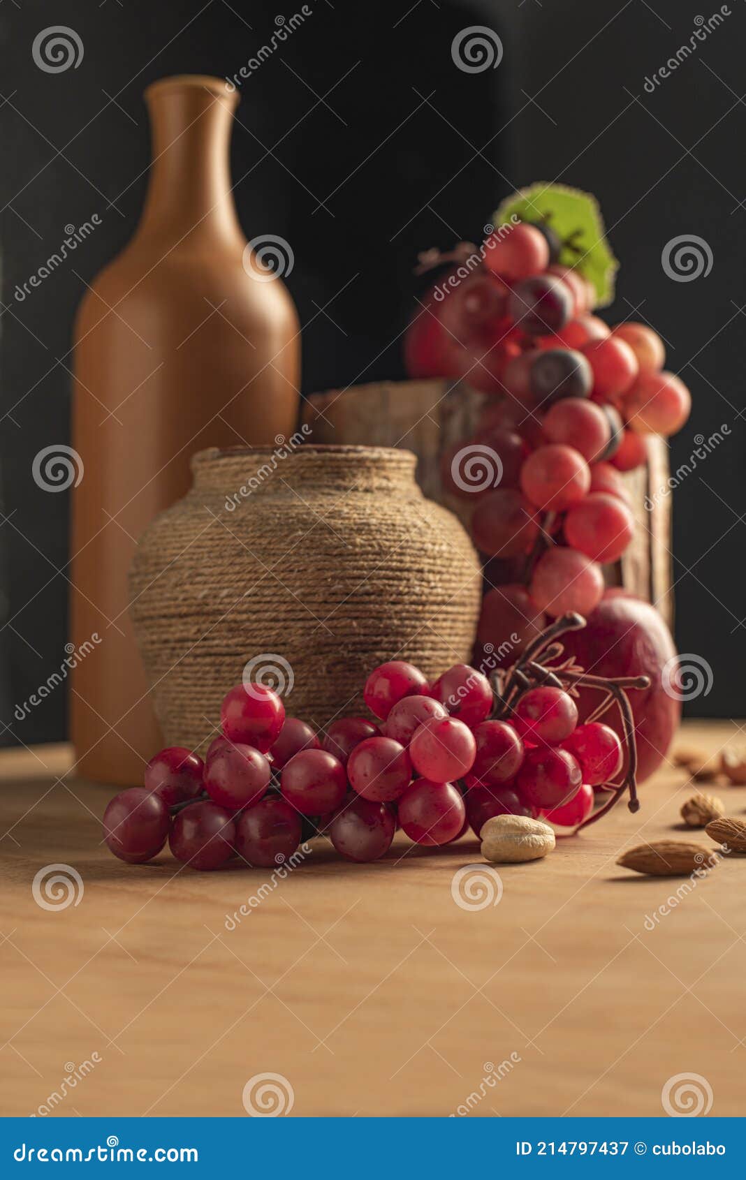 Still Life with a Clay Pot and Grapes and an Apple Stock Image - Image ...