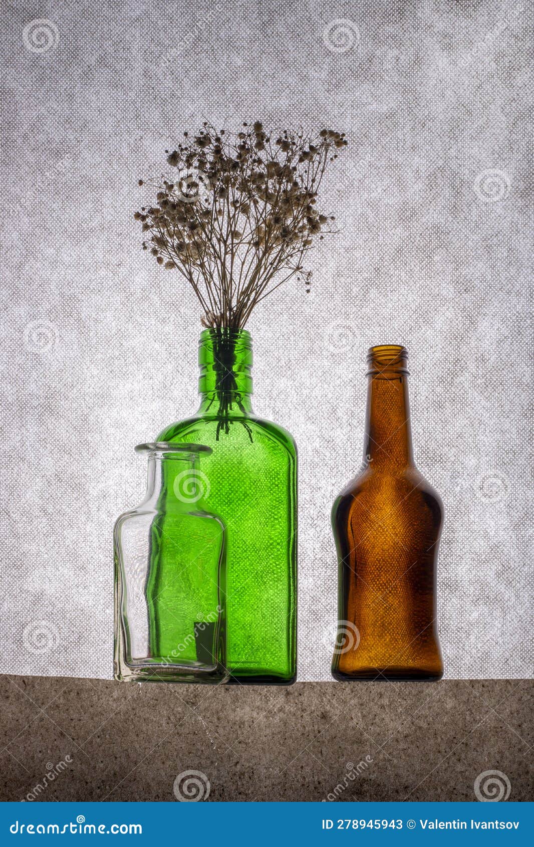 Still Life with Colored Bottles and a Dried Plant Twigs Stock Image ...