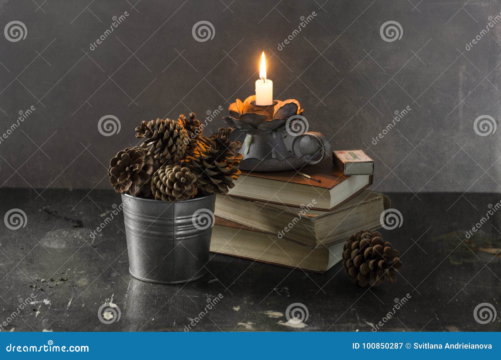 Still Life with Cones, Books and Candles Stock Image - Image of ball ...