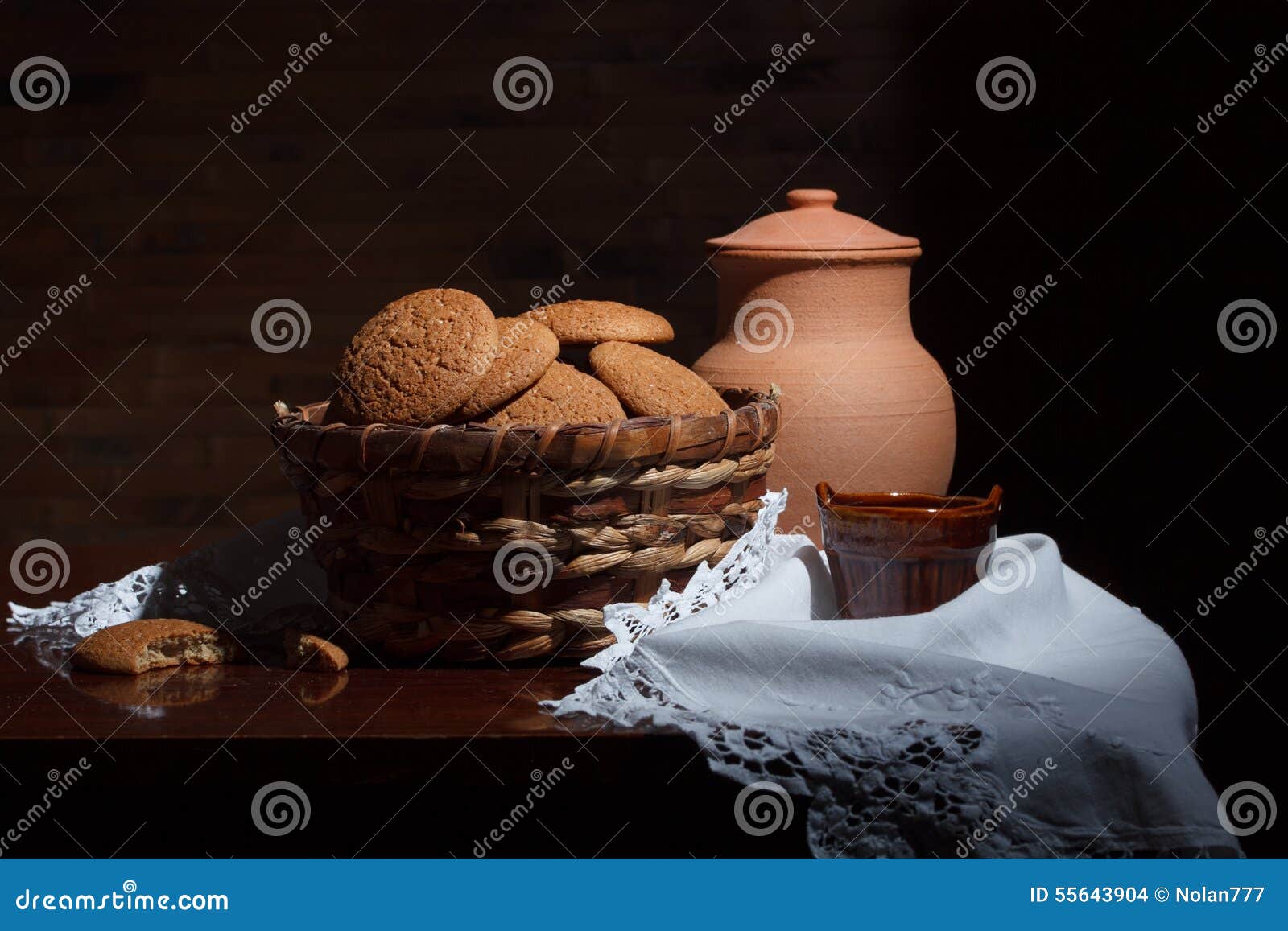 Still Life with Cookies in a Basket Stock Photo - Image of tableware ...