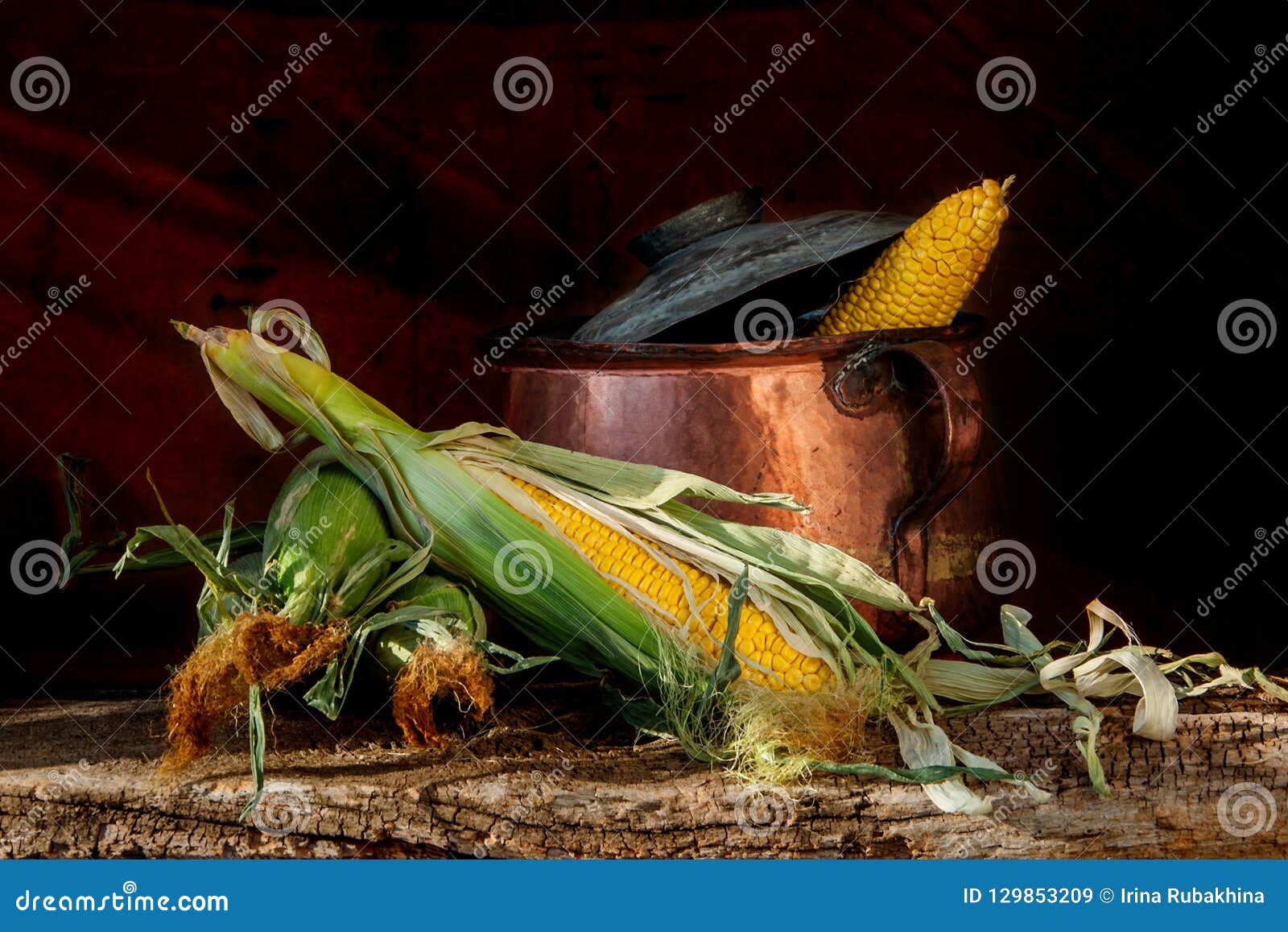 Still Life with Corn and Copper Pan Stock Image - Image of still ...