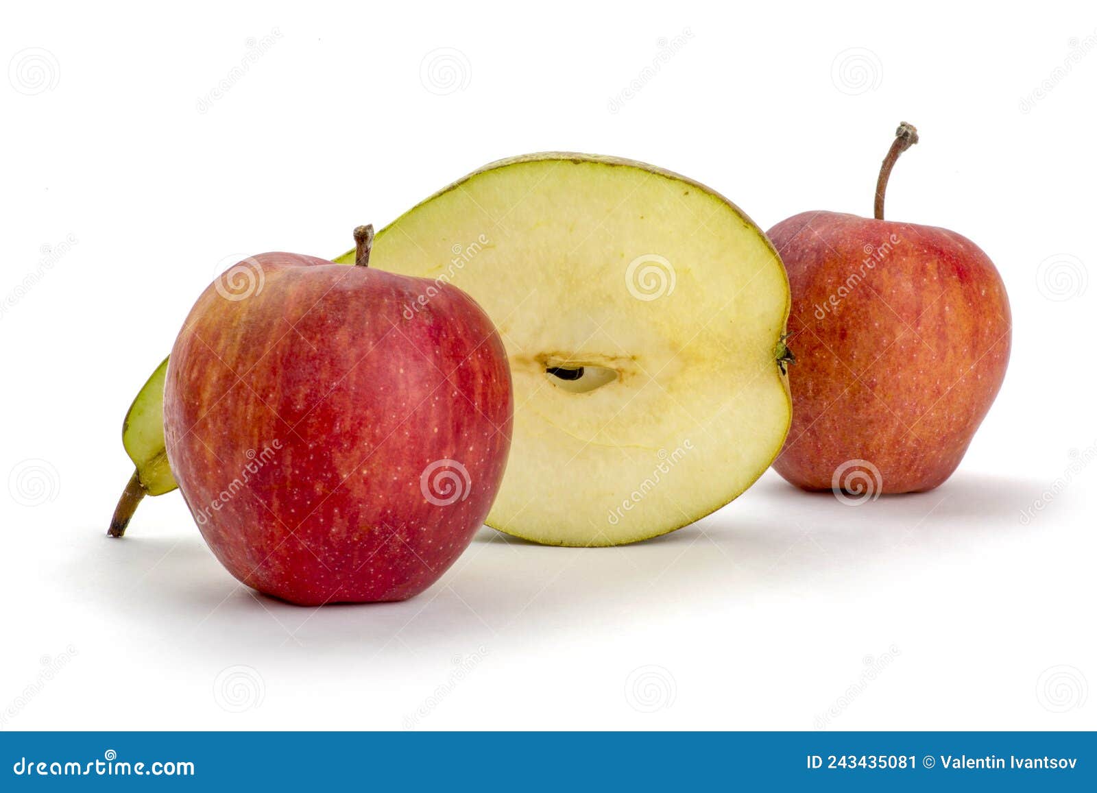 Still Life with Cut Pear and Two Red Apples on a White Background Stock ...