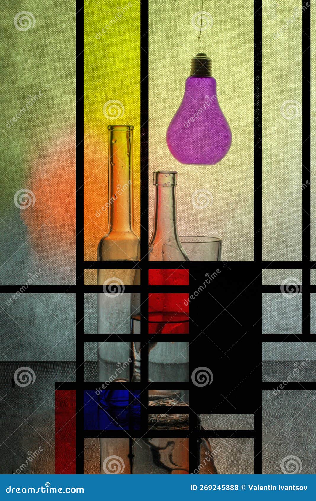 Still Life with Dishes, Light Bulb and Abstract Figures Stock Photo ...