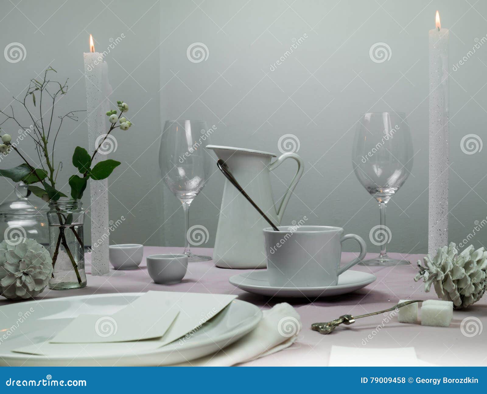 Still Life. Elegant Table Setting. Tablecloth, Candles, Cup, Saucer ...