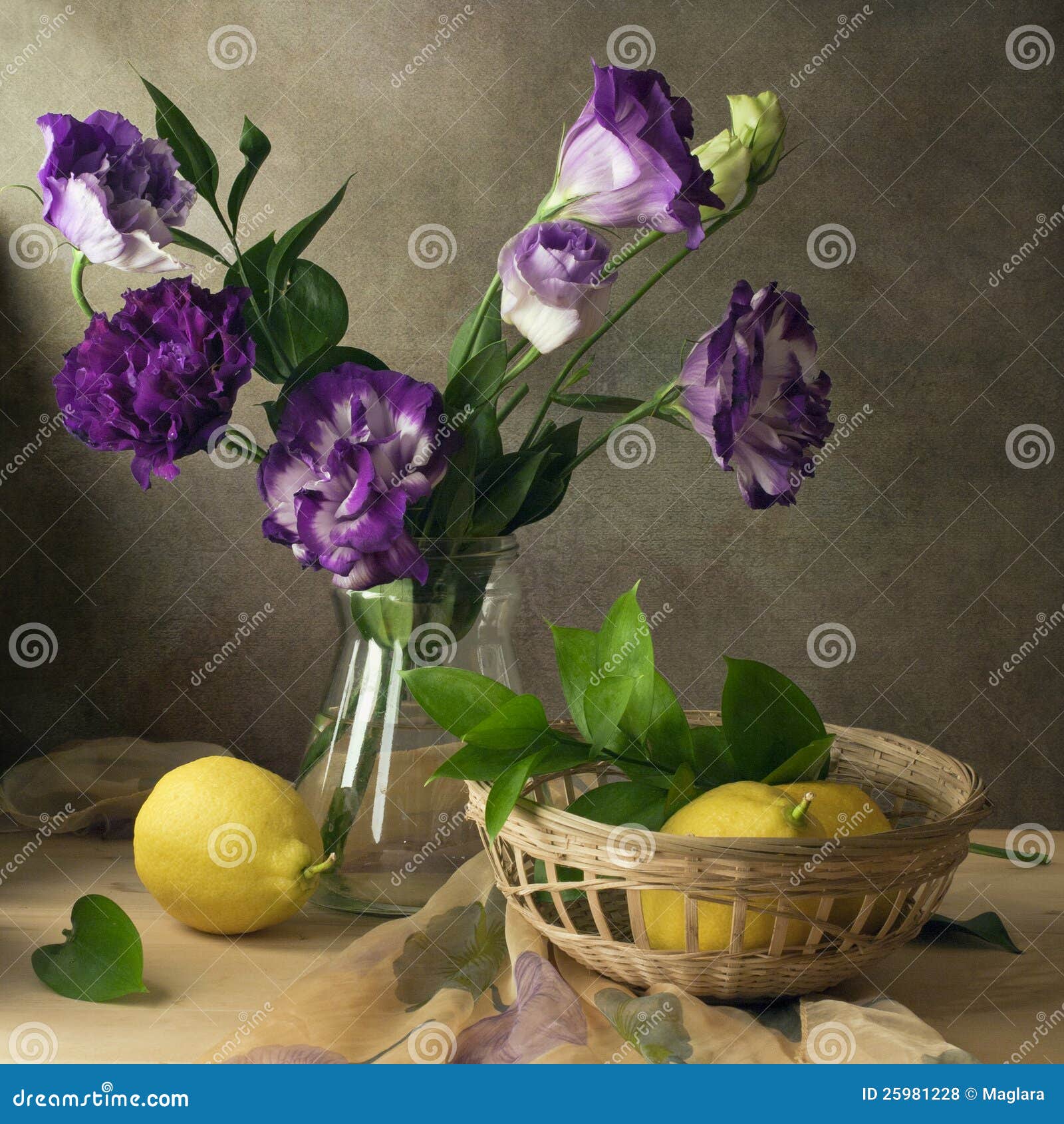 Still Life Eustoma Purple Flowers and Lemons Stock Photo - Image of ...
