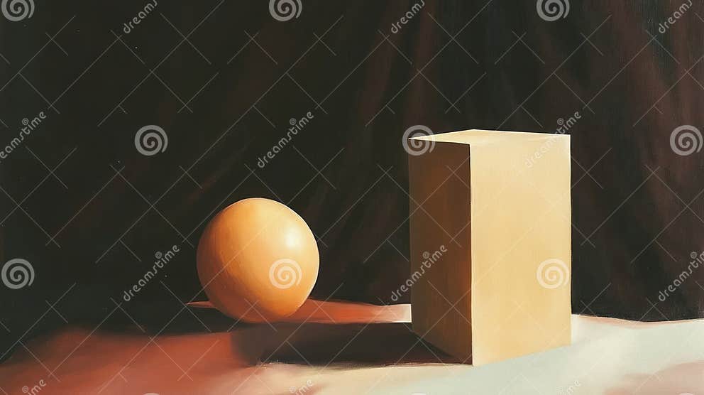 A Still Life Featuring a Sphere and a Rectangular Prism Against a Dark ...