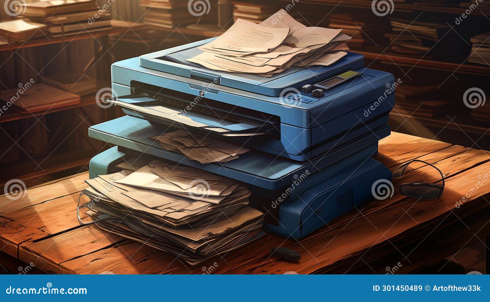 A Still Life Featuring a Stack of Folders, a Printer, and a Scanner on ...