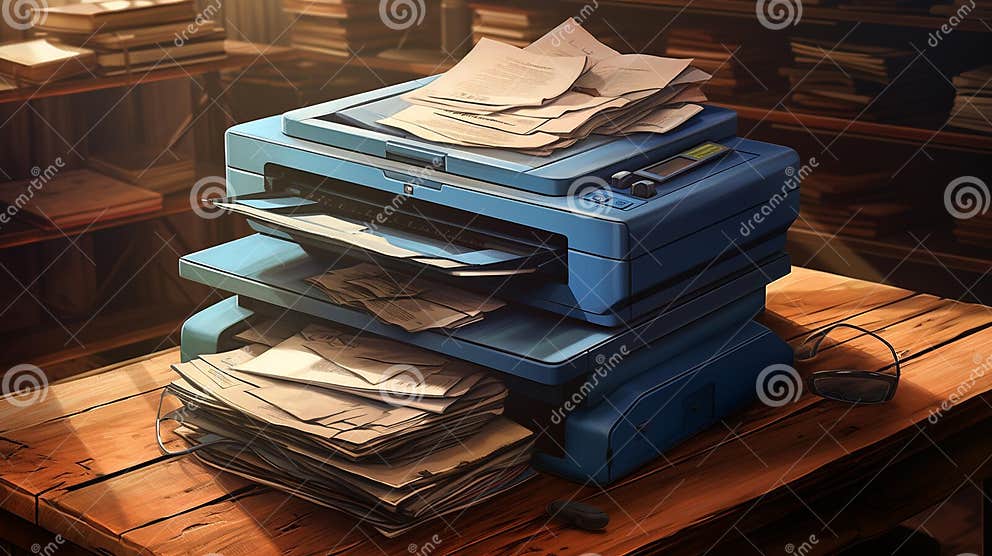 A Still Life Featuring a Stack of Folders, a Printer, and a Scanner on ...