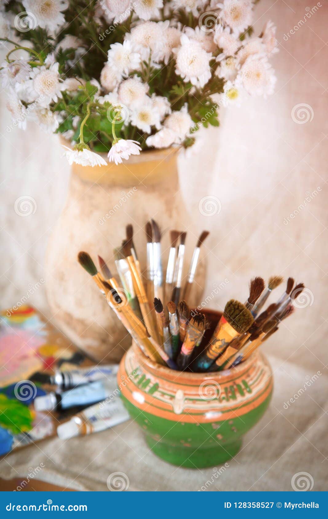 Still Life with Flowers and Brushes in an Old Pot. Stock Image - Image ...