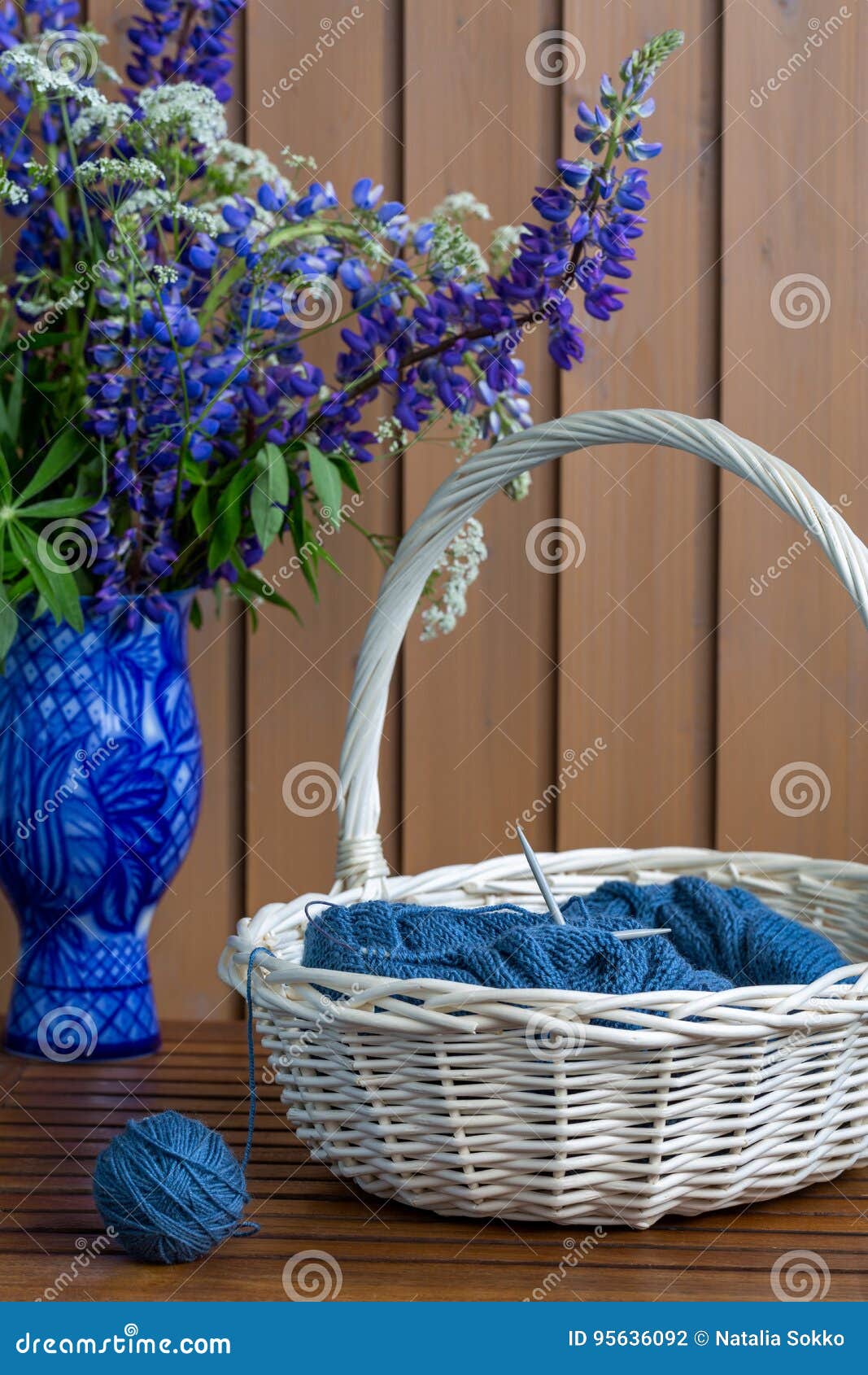 Still Life with Flowers and Knitting in the Basket Stock Photo - Image ...