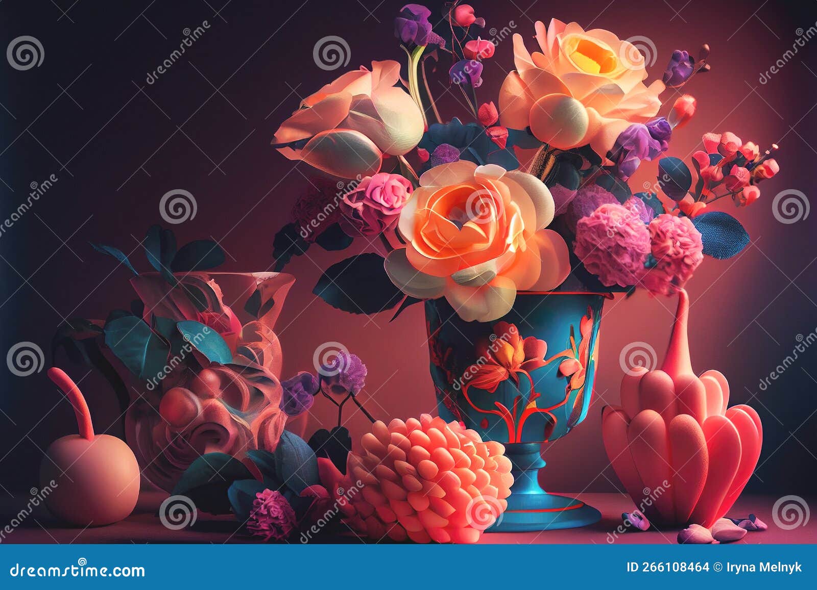 Still Life with Flowers in a Vase and Surreal Objects on a Table on a ...
