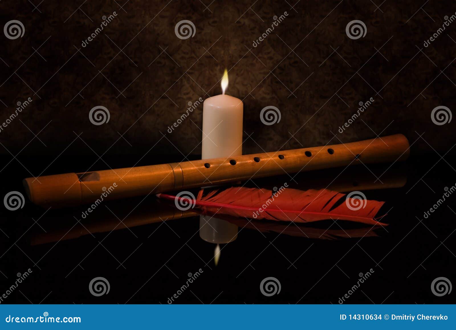 Still Life with Flute, Candle and Red Feather Stock Photo - Image of ...