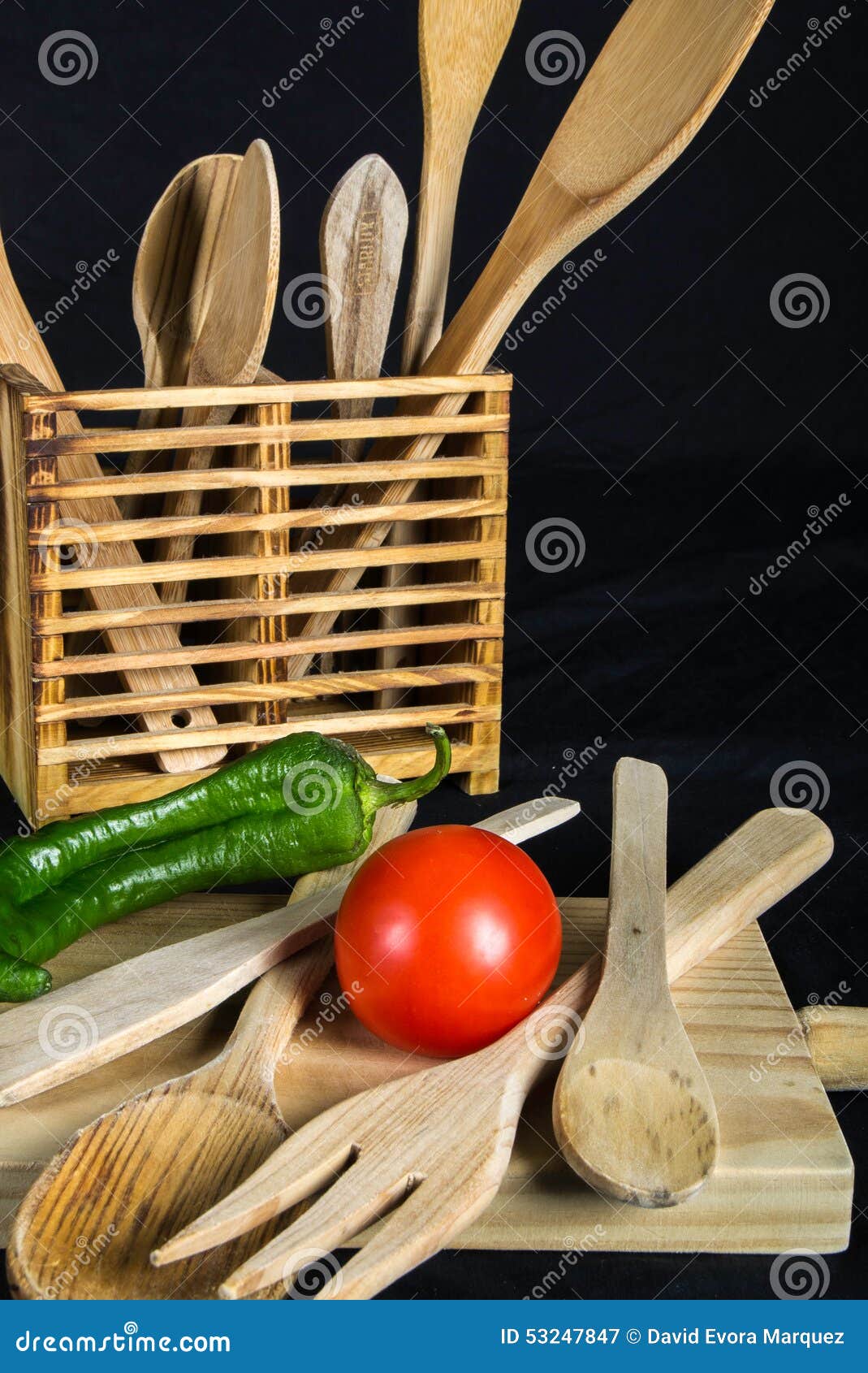 Still Life of Wooden Kitchen Utensils and Vegetables Stock Image ...
