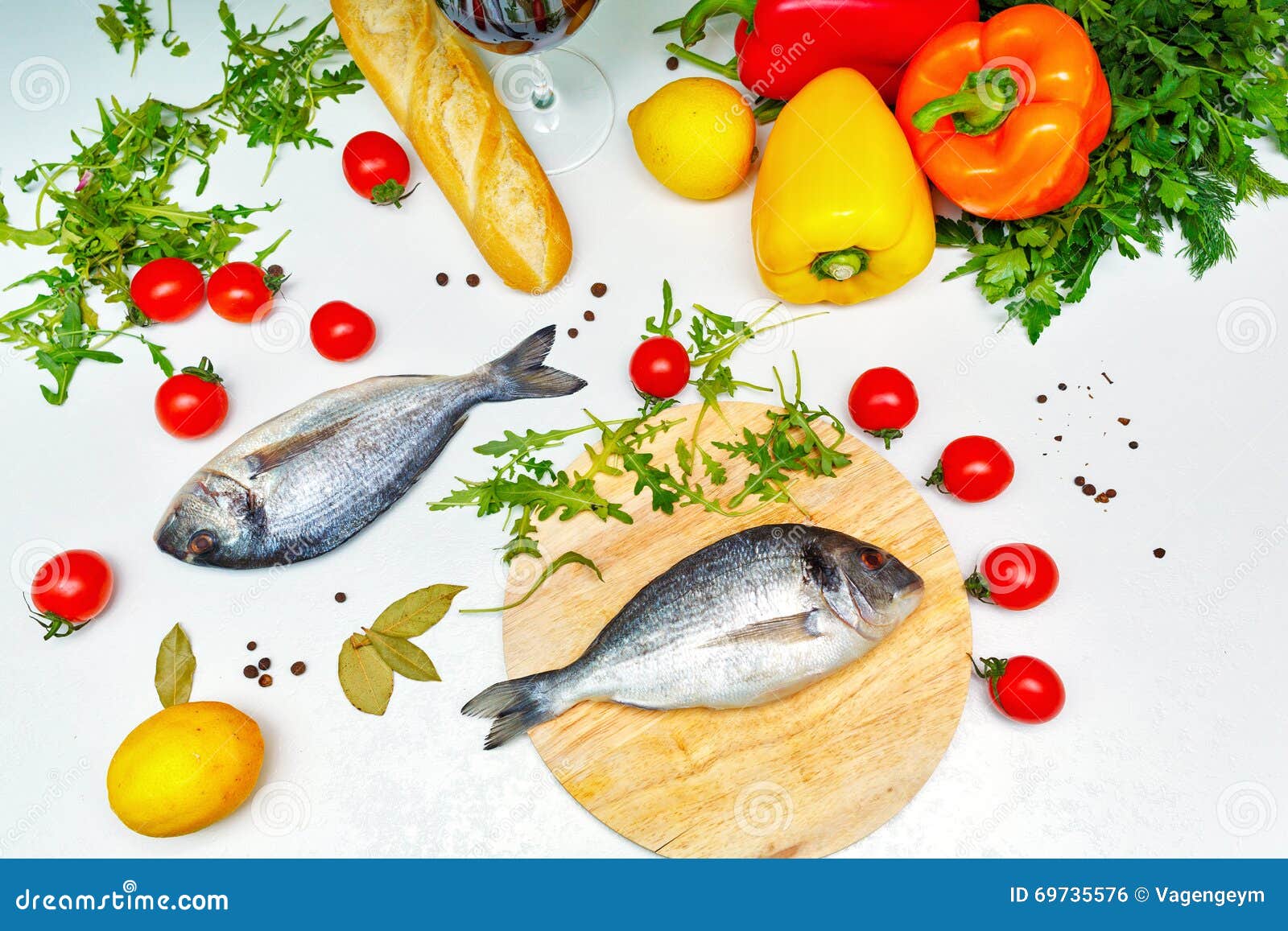 Still Life. Food. Vegetables, Bread and Fish. Stock Photo - Image of ...