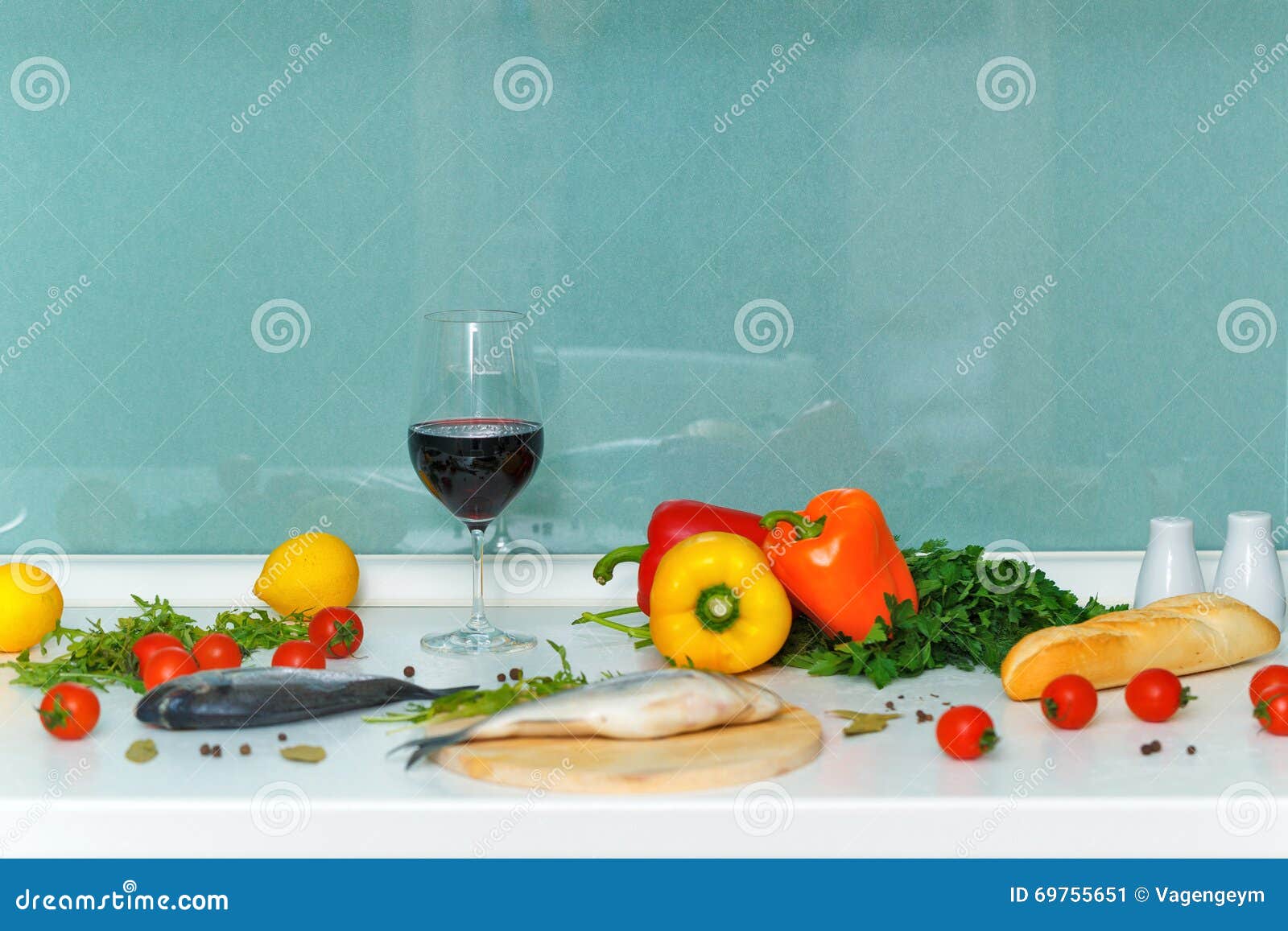 Still Life. Food. Vegetables, Bread, Wine and Fish. Stock Image - Image ...