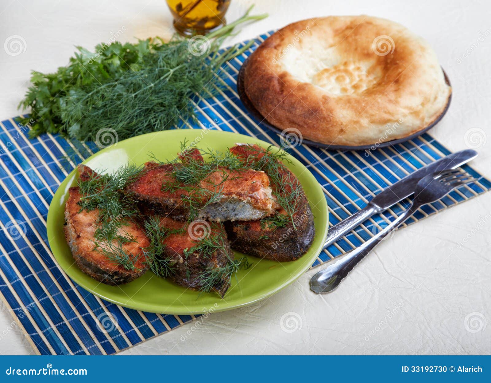 Still-life with Fried Fish and Bread Stock Photo - Image of codfish ...