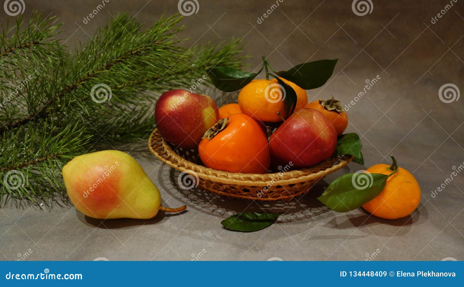 Still Life with Fruit. and Pine Branch Stock Image - Image of orange ...