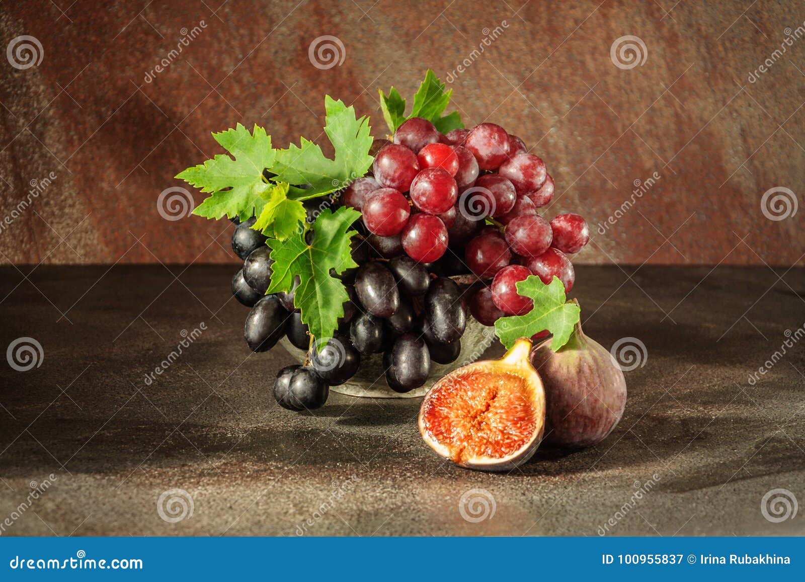 Still Life with Fruits: Grape, Fig in the Antique Copper Tin Cup Stock ...